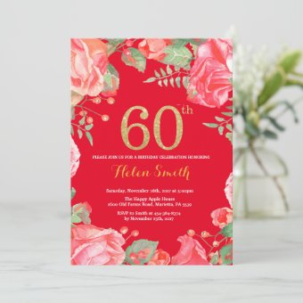 Red Floral 60th Birthday Gold Glitter and Red Invitation | Zazzle