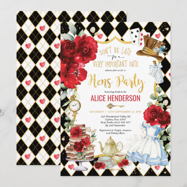 Red Floral Alice in Wonderland Hens Tea Party Invitation | Zazzle