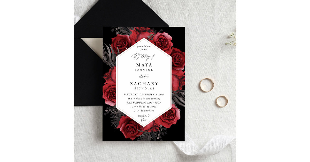 Red Floral & Black Wedding - Black Invitation | Zazzle
