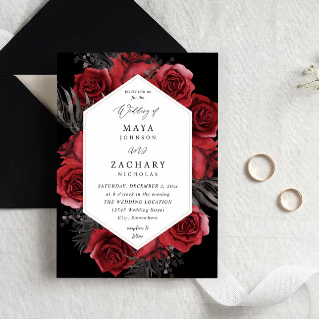 Red Floral & Black Wedding - Black Invitation | Zazzle
