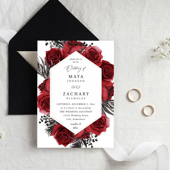 Red Floral & Black Wedding Invitation | Zazzle