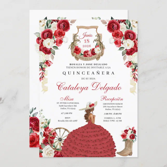 Red Floral Boots Western Mariachi Quinceañera Invitation | Zazzle