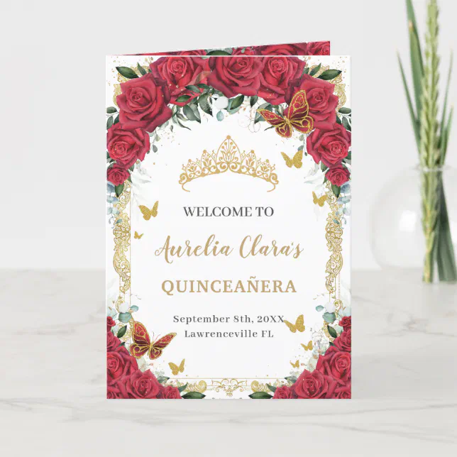 Red Floral Butterflies Quinceañera Order of Events Program | Zazzle