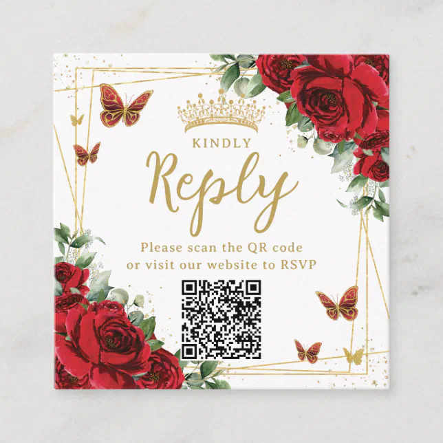 Red Floral Butterflies Quinceanera RSVP QR Code Enclosure Card | Zazzle
