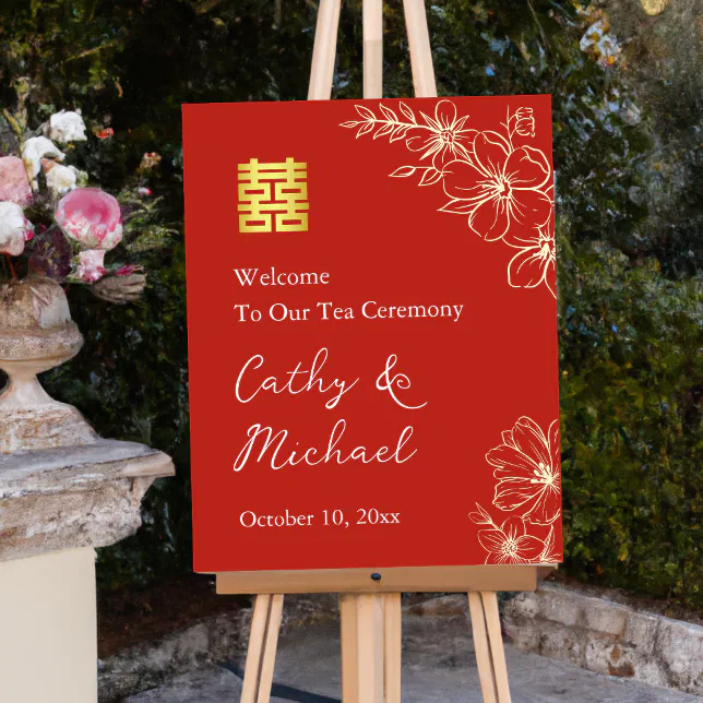 Red floral Chinese tea ceremony wedding welcome Foam Board | Zazzle