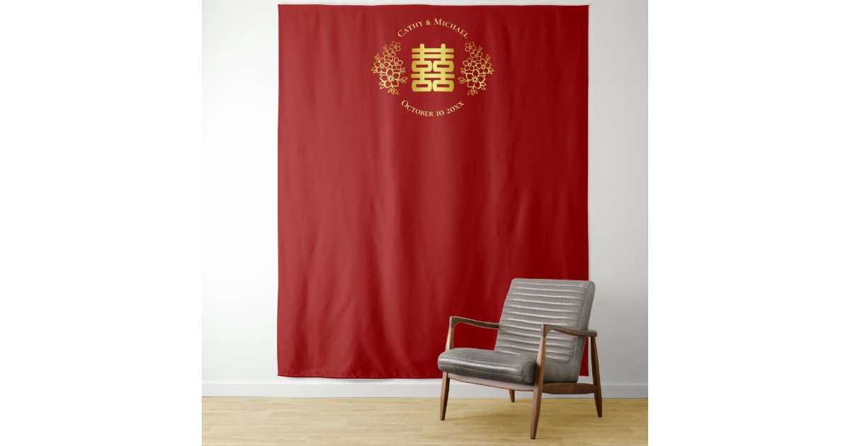 Red floral Chinese wedding tea ceremony backdrop | Zazzle