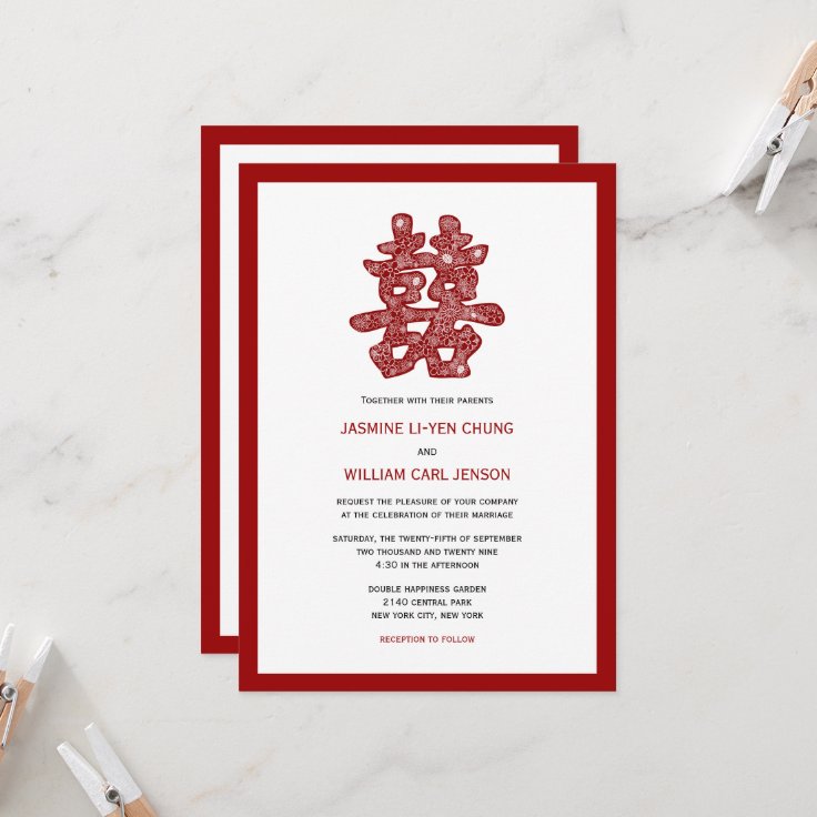 Red Floral Double Happiness Modern Chinese Wedding Invitation | Zazzle
