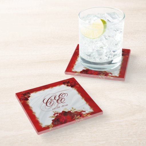 Red Floral Elegant Gold Wedding Monogram Glass Coaster | Zazzle