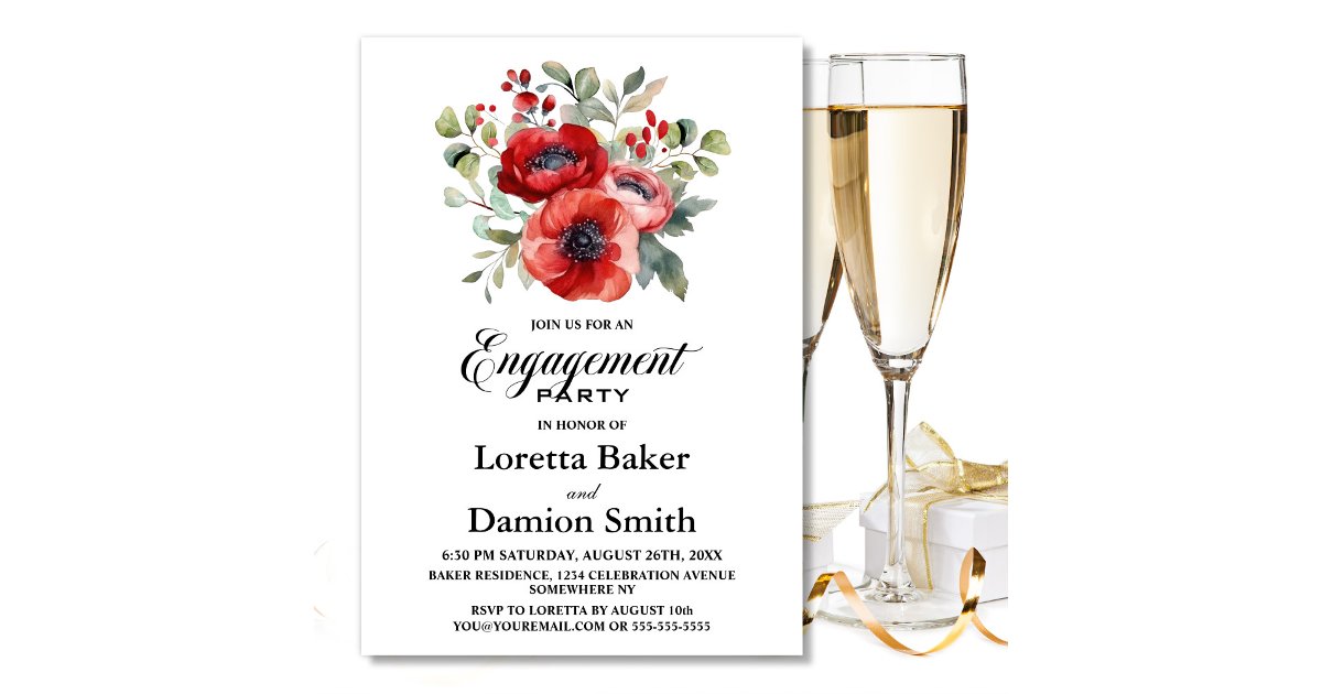 Red Floral Engagement Party Invitation | Zazzle
