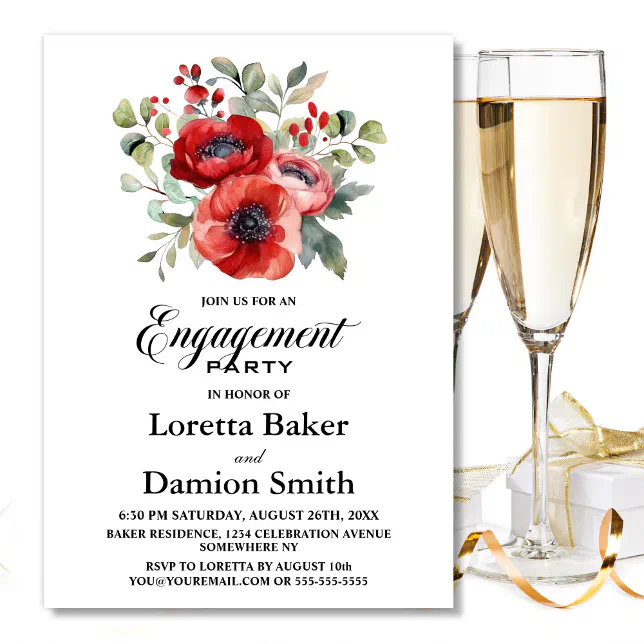 Red Floral Engagement Party Invitation | Zazzle