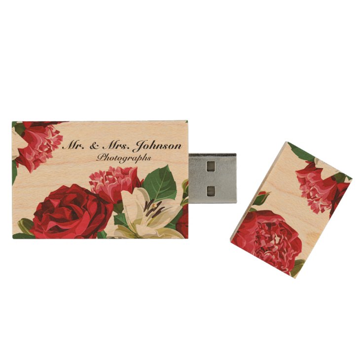 Red Floral Flowers Watercolor Wedding Custom USB Wood Flash Drive | Zazzle