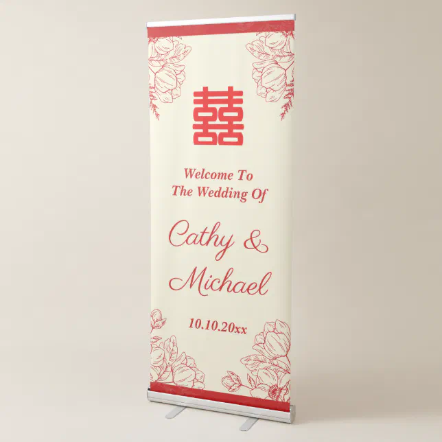 Red floral frame Chinese wedding welcome Retractable Banner | Zazzle