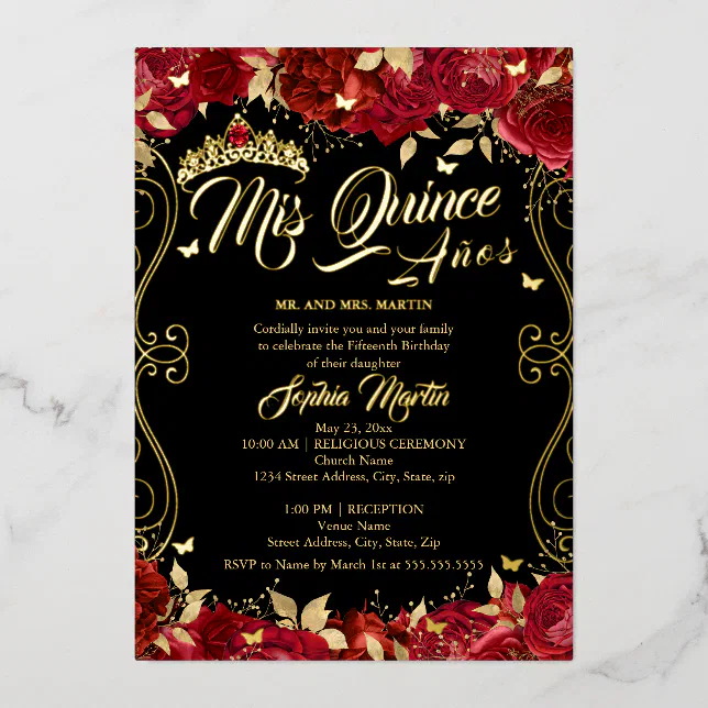 Red Floral Garden Scroll Mis Quince Quinceanera Foil Invitation | Zazzle