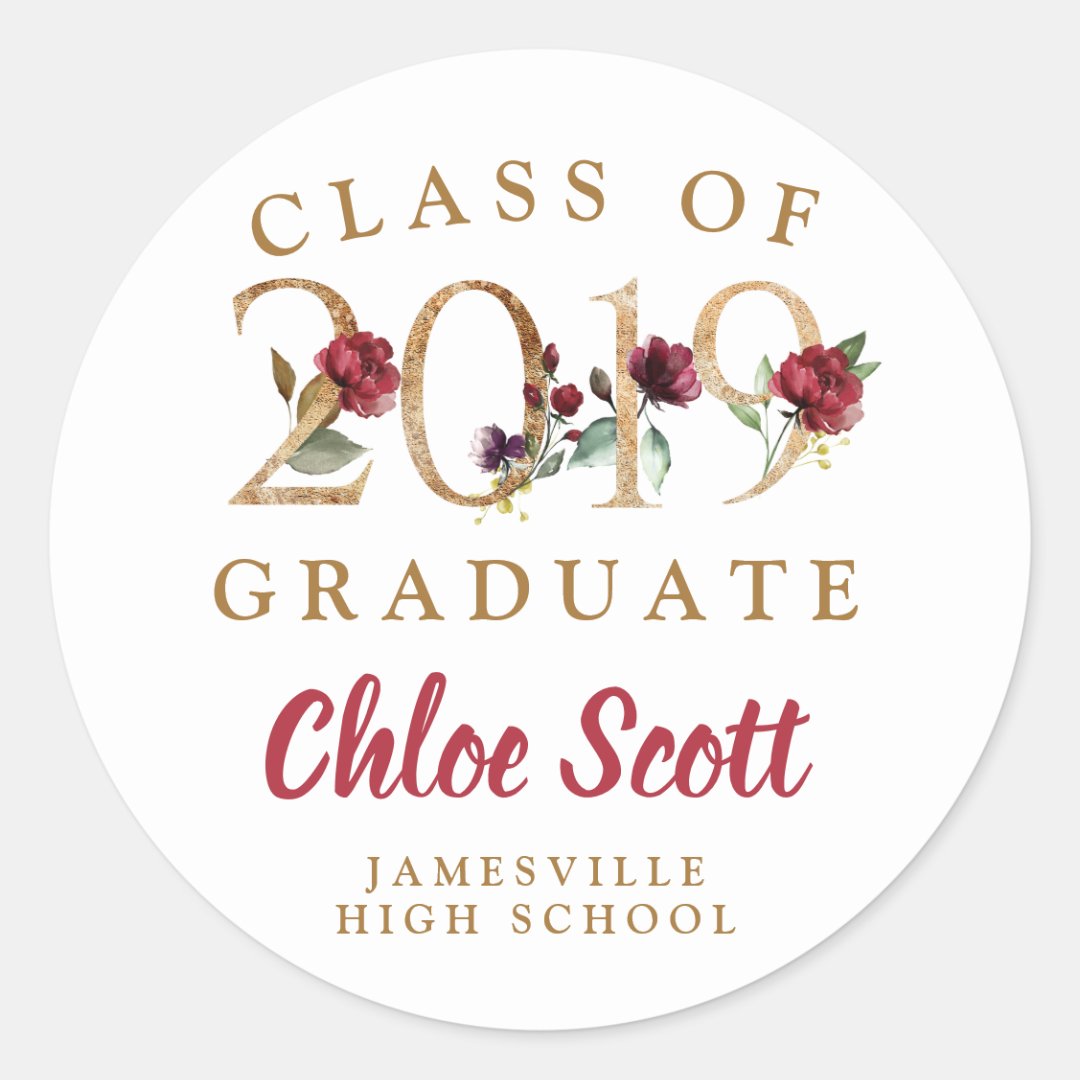 Red Floral Gold Class of 2019 Graduation Classic Round Sticker | Zazzle