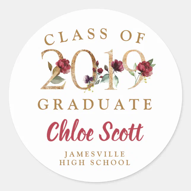 Red Floral Gold Class of 2019 Graduation Classic Round Sticker | Zazzle