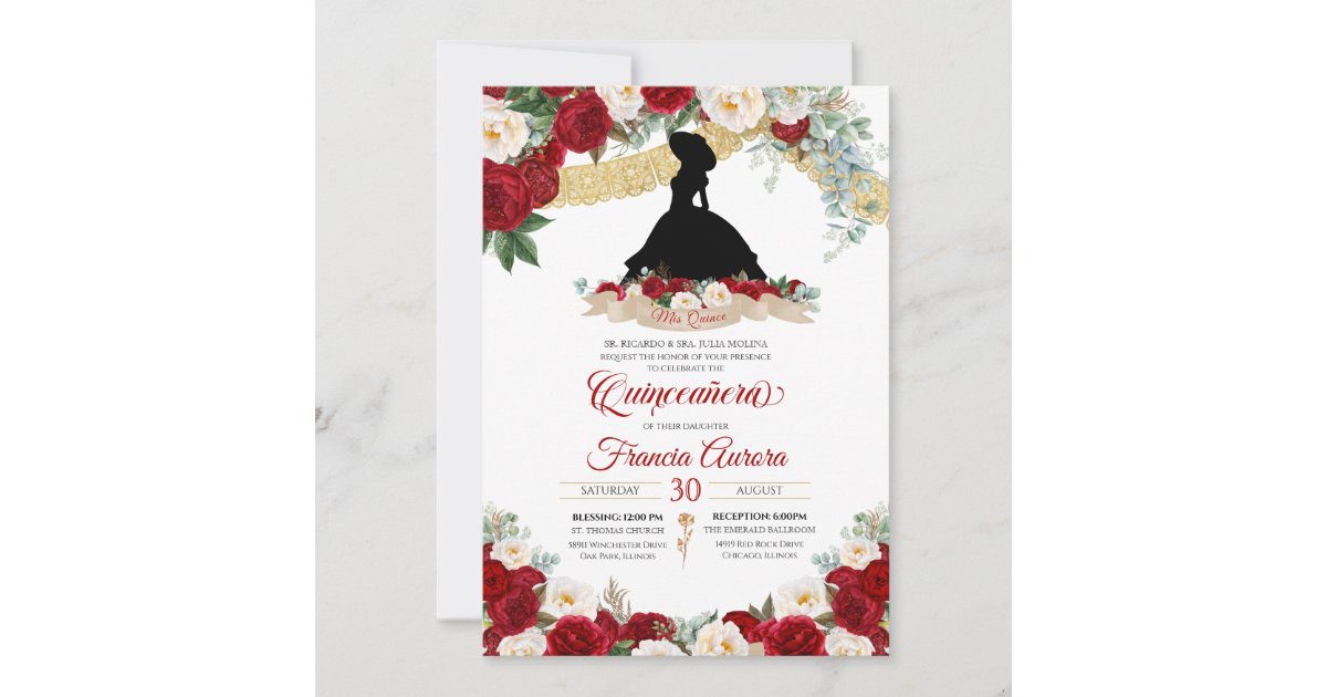 Red Floral Gold Elegant Charro Quince Birthday Invitation | Zazzle