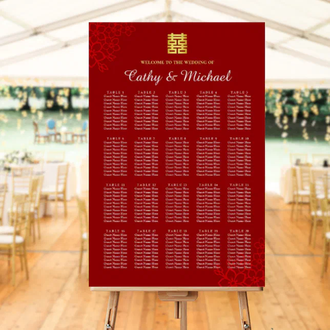 Red floral modern Chinese wedding seating chart | Zazzle