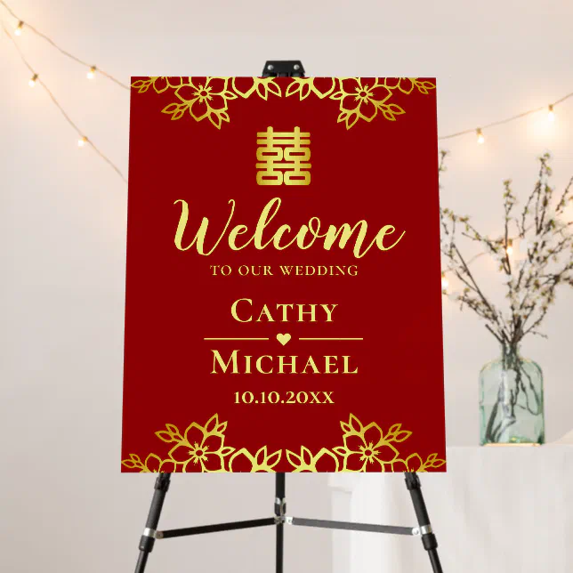 Red floral modern Chinese wedding welcome sign | Zazzle
