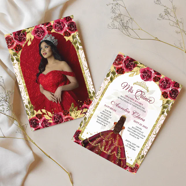 Red Floral Princess Gold Arch Photo Quinceanera Invitation | Zazzle