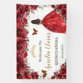Red Floral Princess Gold Quinceañera Backdrop Banner | Zazzle