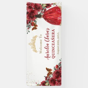 Red Floral Princess Quinceañera Welcome Backdrop Banner | Zazzle