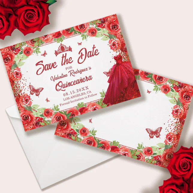 Red Floral Quinceanera Crown Save the Date | Zazzle