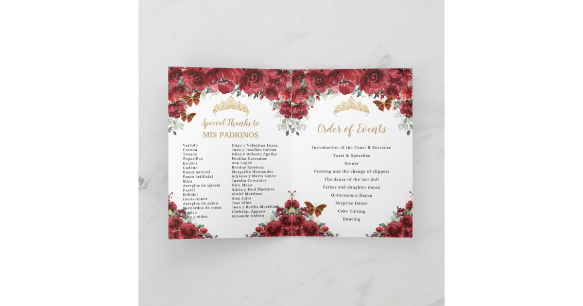 Red Floral Quinceanera Princess Padrinos Events Program Zazzle Red Floral Quinceanera Princess Padrinos Events Program Zazzle