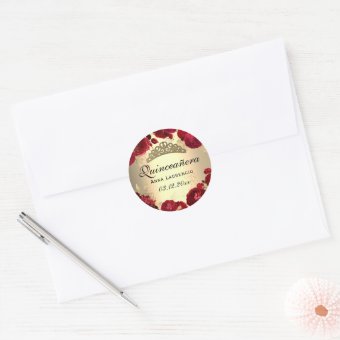 Red Floral Roses Gold Quinceanera Classic Round Sticker | Zazzle