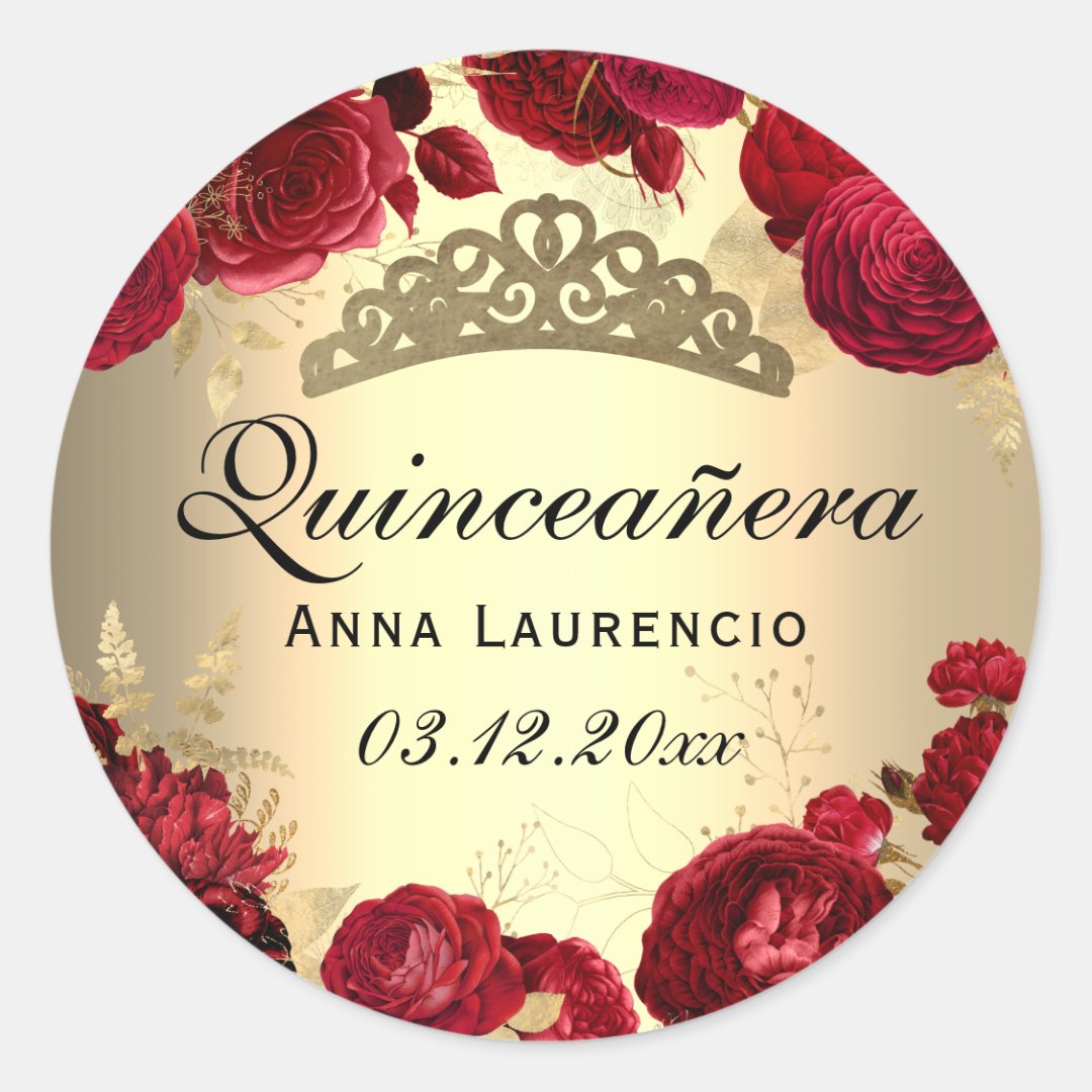 Red Floral Roses Gold Quinceanera Classic Round Sticker | Zazzle