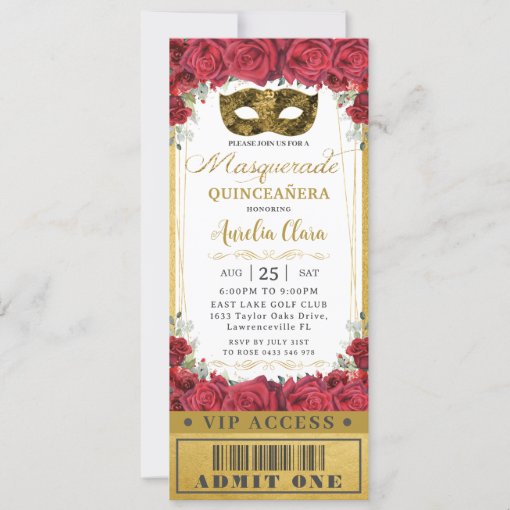 Red Floral Roses Quinceañera Masquerade VIP Ticket Invitation | Zazzle