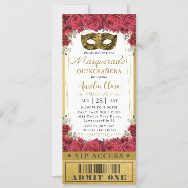 Red Floral Roses Quinceañera Masquerade VIP Ticket Invitation | Zazzle