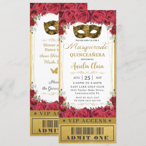 Red Floral Roses Quinceañera Masquerade VIP Ticket Invitation | Zazzle
