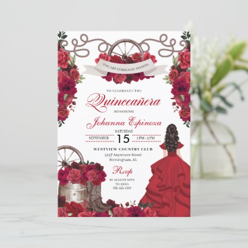 Red Floral Western Ranchero Quinceanera Invitation | Zazzle