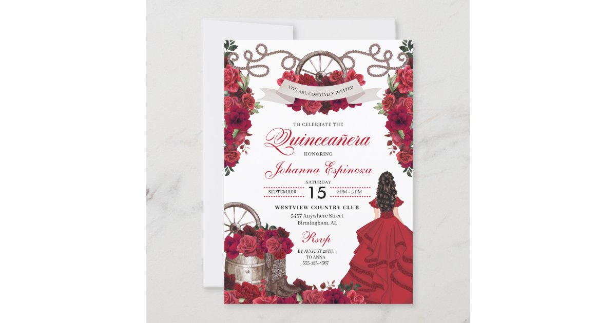 Red Floral Western Ranchero Quinceanera Invitation | Zazzle