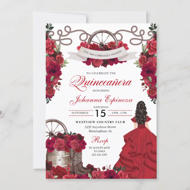 Red Floral Western Ranchero Quinceanera Invitation | Zazzle
