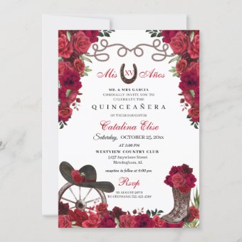 Red Floral Western Ranchero Quinceanera Invitation | Zazzle