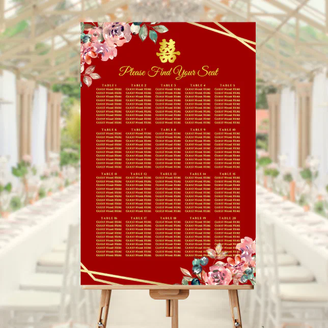 Red floral wreath chinese wedding seating chart foam board | Zazzle