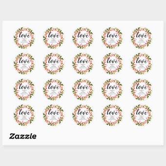 Red Floral Wreath Personalized Engagement Party Classic Round Sticker ...
