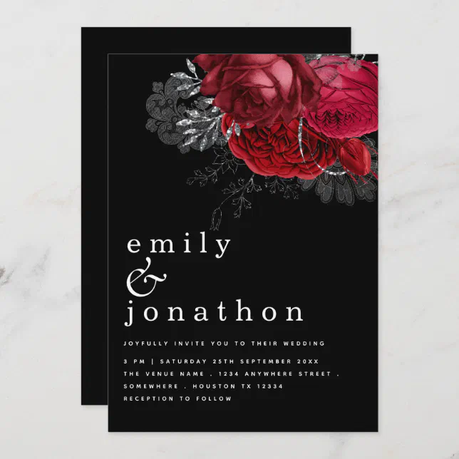 Red Florals Silver Black Wedding Invitation | Zazzle