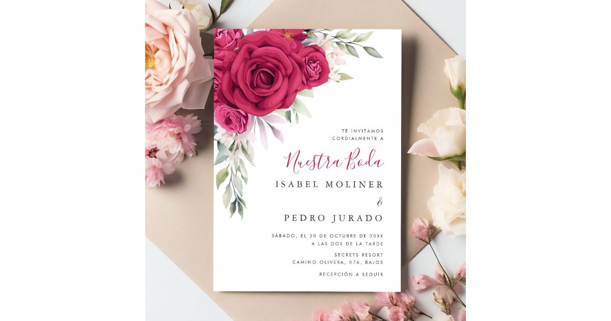 Red Flower Bouquet Nuestra Boda Spanish Wedding Invitation | Zazzle