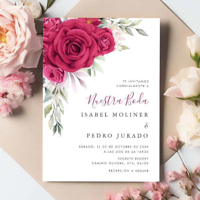 Red Flower Bouquet Nuestra Boda Spanish Wedding Invitation | Zazzle