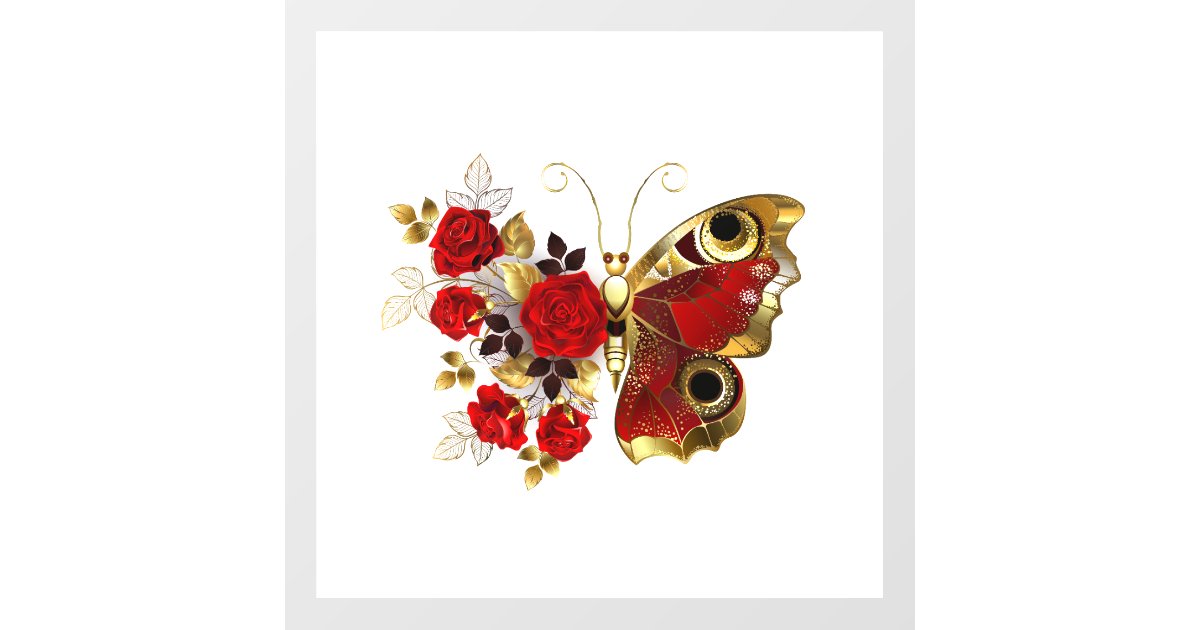 Red flower butterfly with red roses wall decal | Zazzle