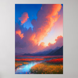 Red Flower Valley at Sunset Poster | Zazzle