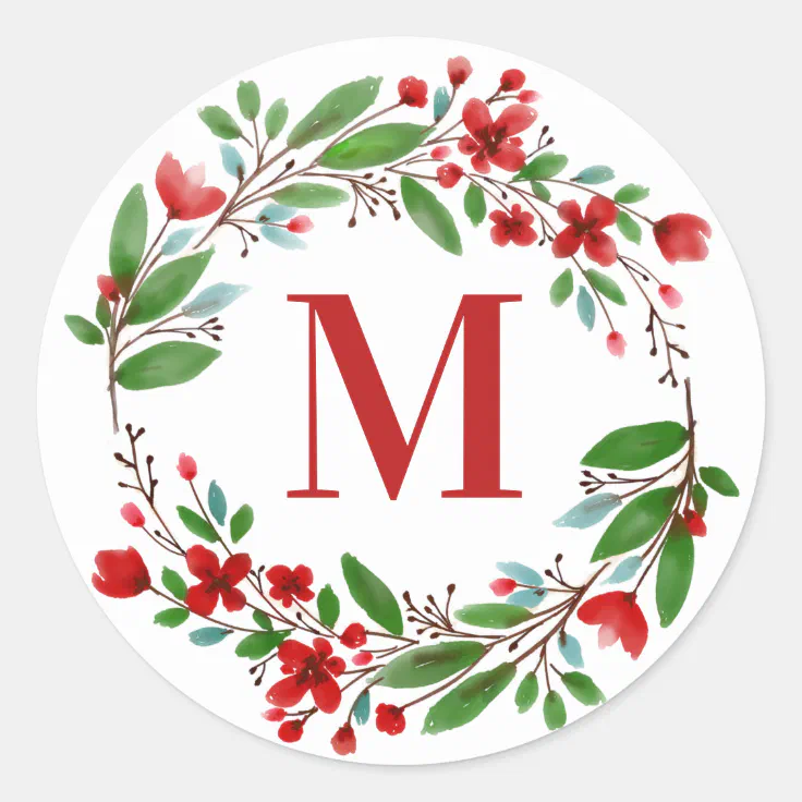 Red Flower Wreath Initial Personalize Classic Round Sticker | Zazzle