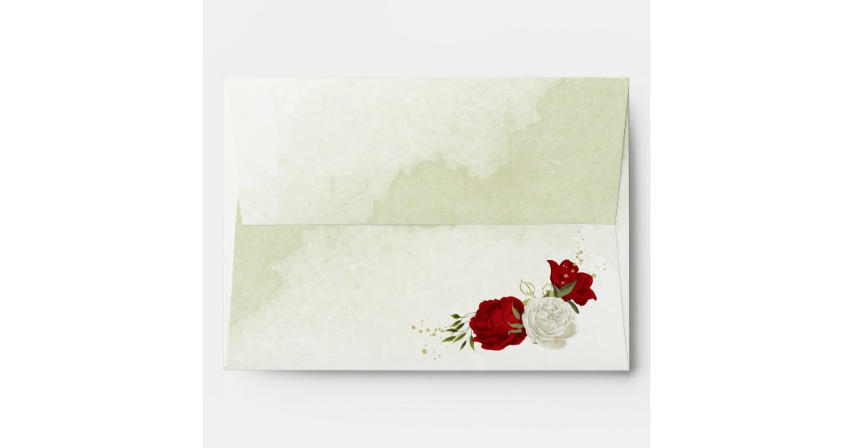 red flowers green leaves wedding envelope | Zazzle