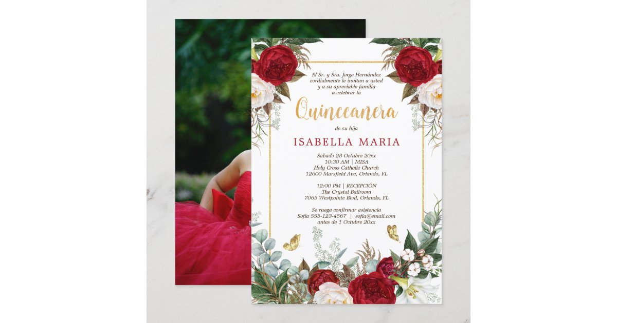 Red Flowers Quinceanera Invitation in Spanish | Zazzle