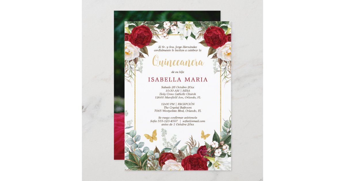 Red Flowers Quinceanera Invitation in Spanish | Zazzle