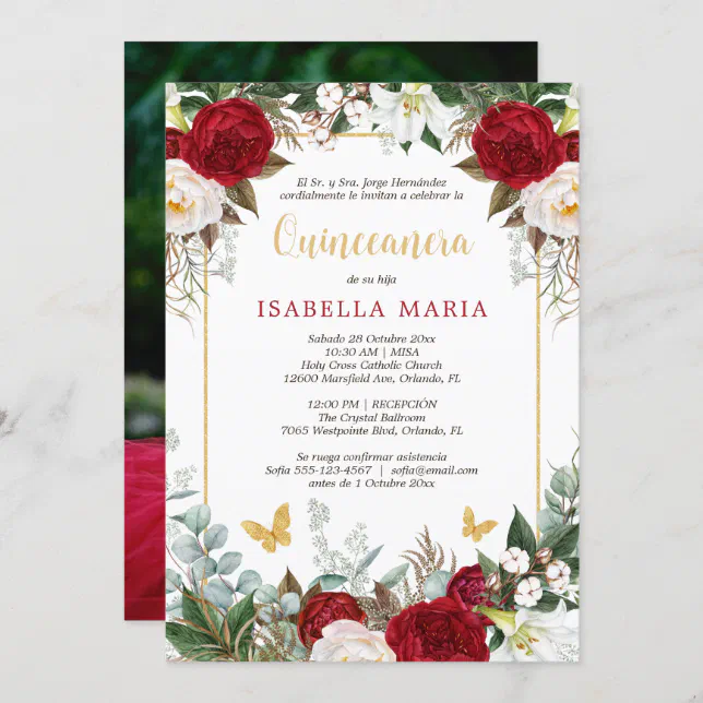 Red Flowers Quinceanera Invitation in Spanish | Zazzle