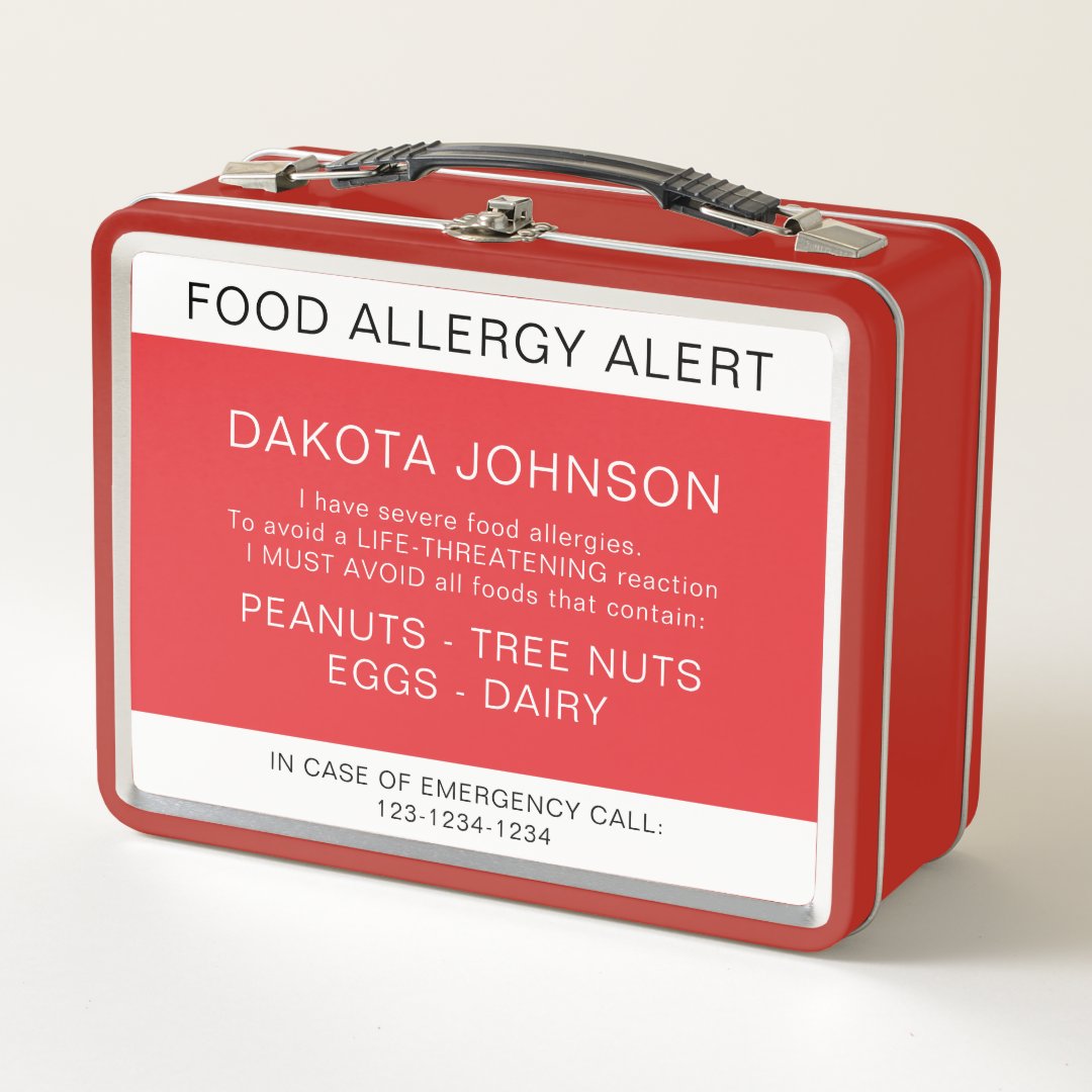 Red Food Allergy Alert Metal Lunch Box | Zazzle
