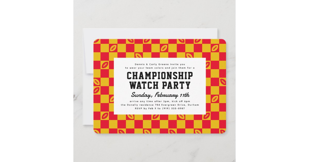Red Football Check Championship Game Watch Party Invitation | Zazzle